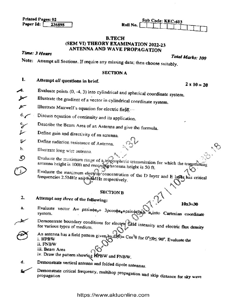 Btech Ec 6 Sem Antenna and Wave Propagation Kec 603 2023 | PDF