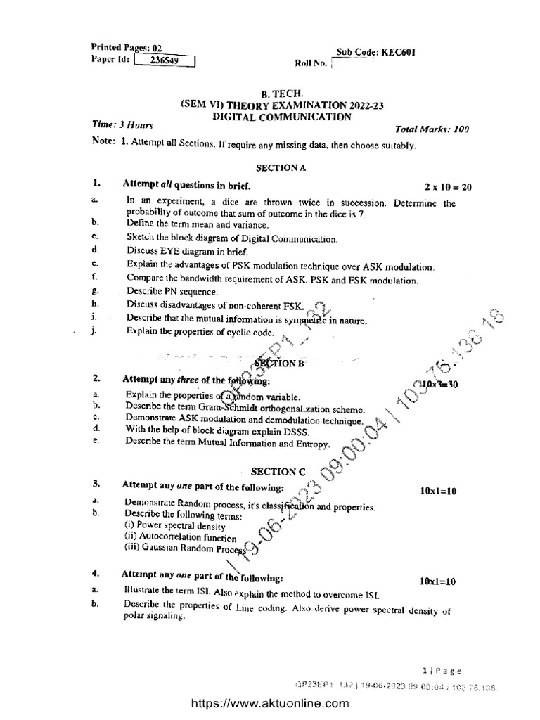 Btech Ec 6 Sem Digital Communication Kec601 2023 | PDF