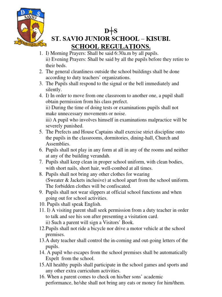 ST - Savio Junior School School Regulations | PDF