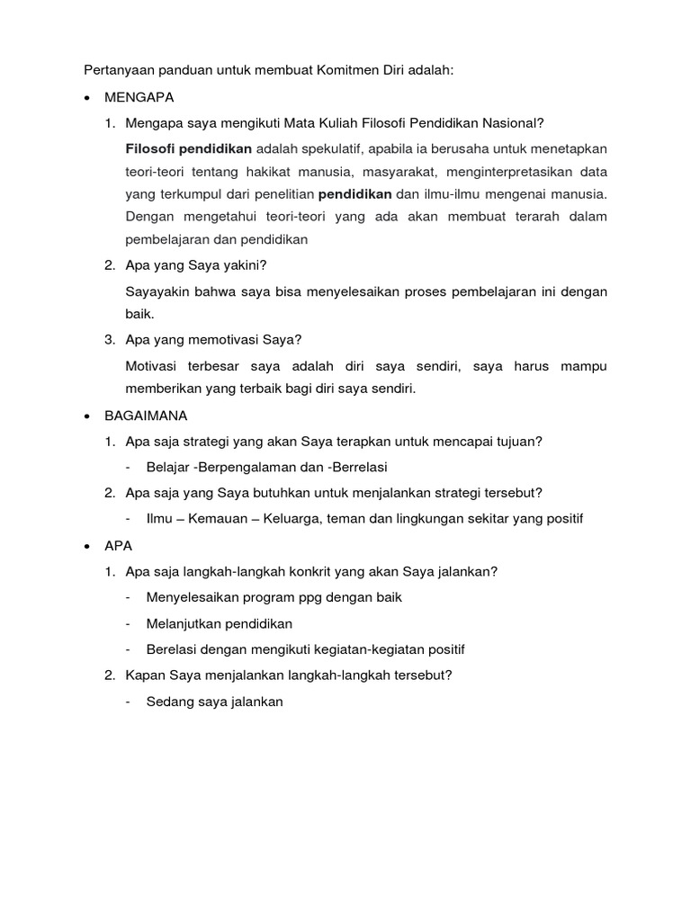 Panduan Menulis Komitmen Diri Dalam Mata Kuliah Filosofi Pendidikan Nasional | PDF