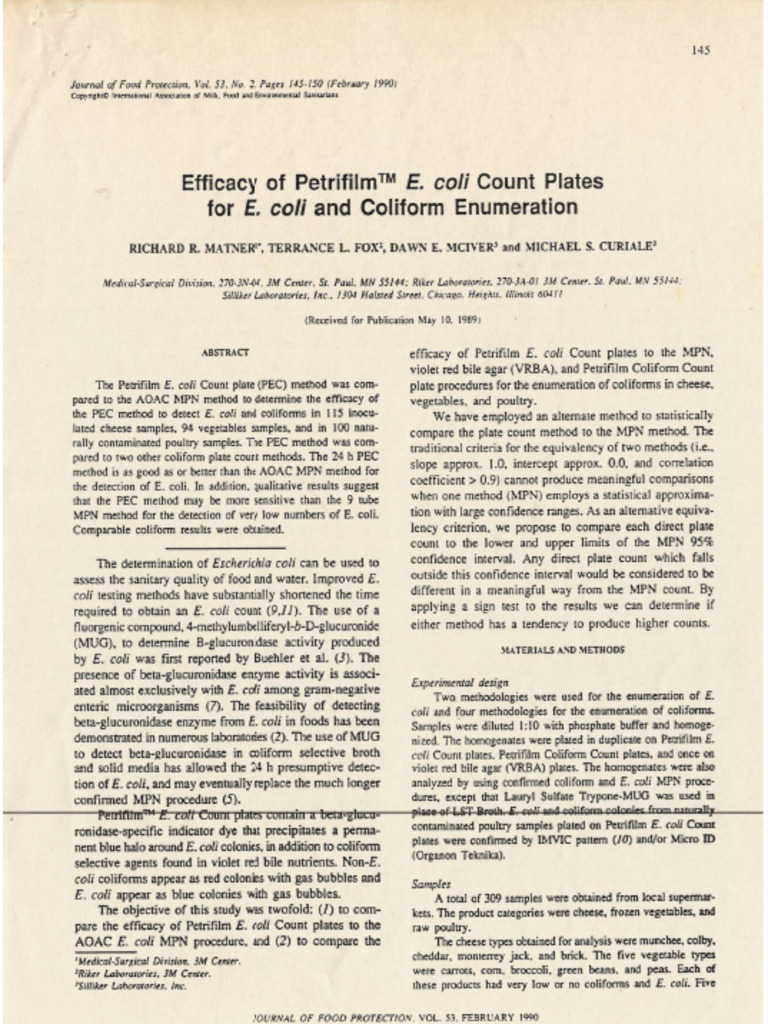 Efficacy of Petrifilm E. coli Count Plates for E. coli and Coliform ...