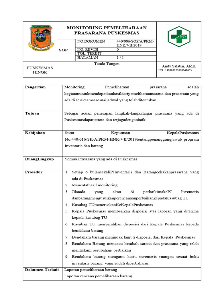 2.1.4 Spo Monitoring Pemeliharaan Prasarana Puskesmas | PDF
