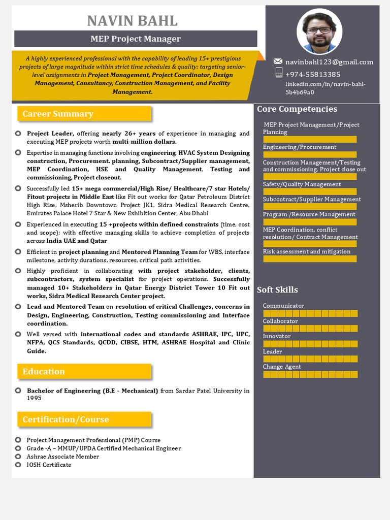 Resume - Navin Bahl 26+MEP Manager | PDF | Project Management | United ...