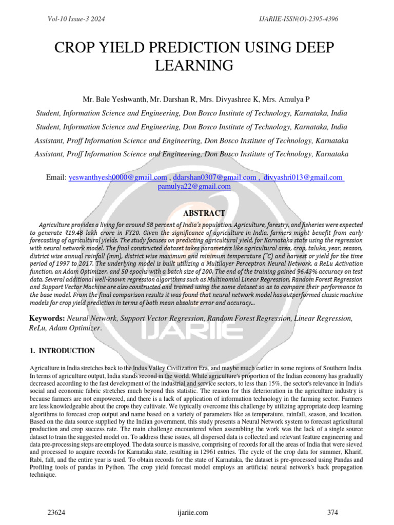 Crop Yield Prediction Using DL Ijariie23624 | PDF | Coefficient Of ...