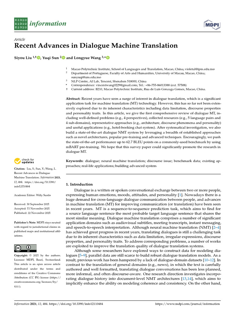 Recent Advances in Dialogue Machine Translation | PDF | Cognitive Science | Linguistics