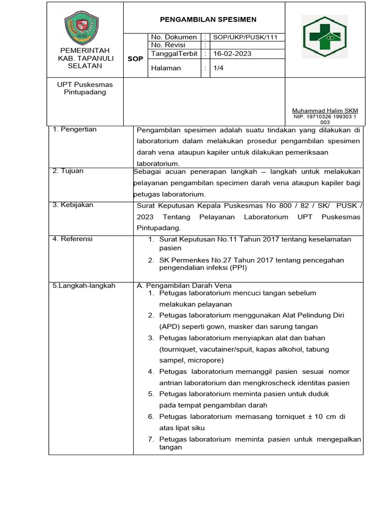 3.9 A11. Sop Pengambilan Spesimen | PDF