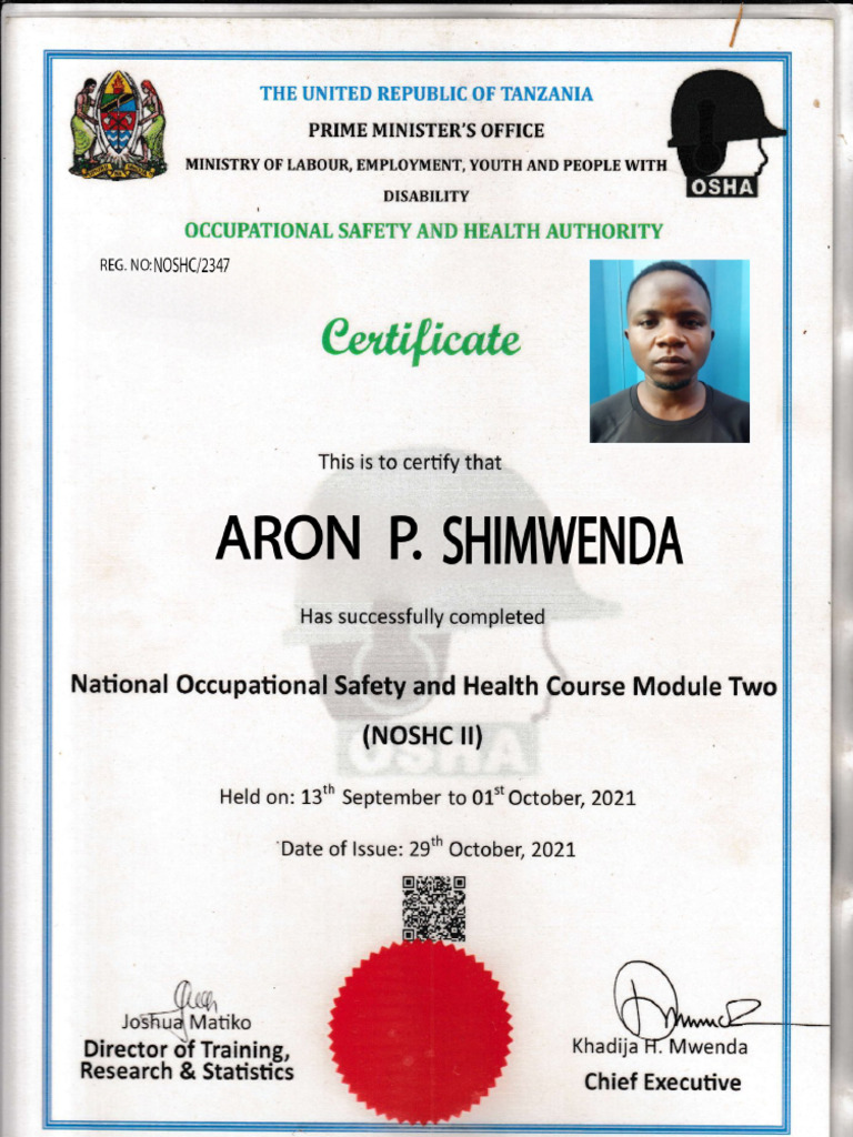 Aron.peter.shimwenda.osha.Cert | PDF
