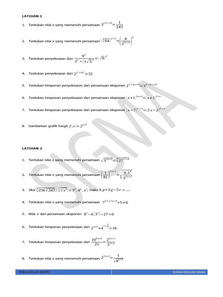 Latihan Penyelesaian Persamaan Eksponen | PDF