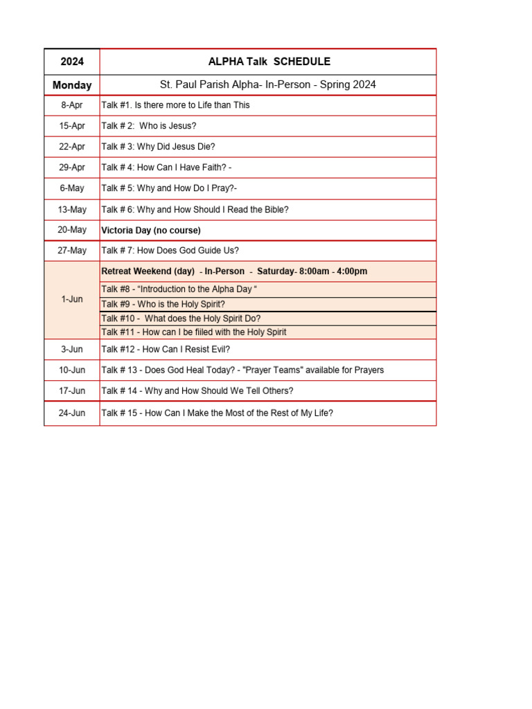 2024 Alpha Talk Schedule - St. Paul | PDF