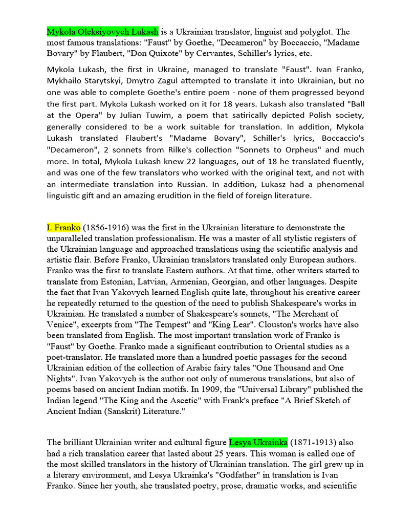 Famous Ukrainian Translators Overview | PDF | Translations