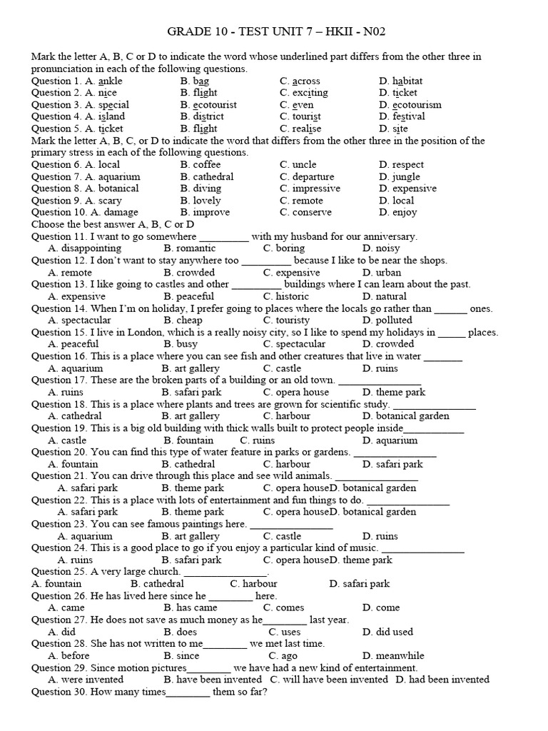 GRADE 10 - TEST UNIT 7 - HKII - N02 | PDF