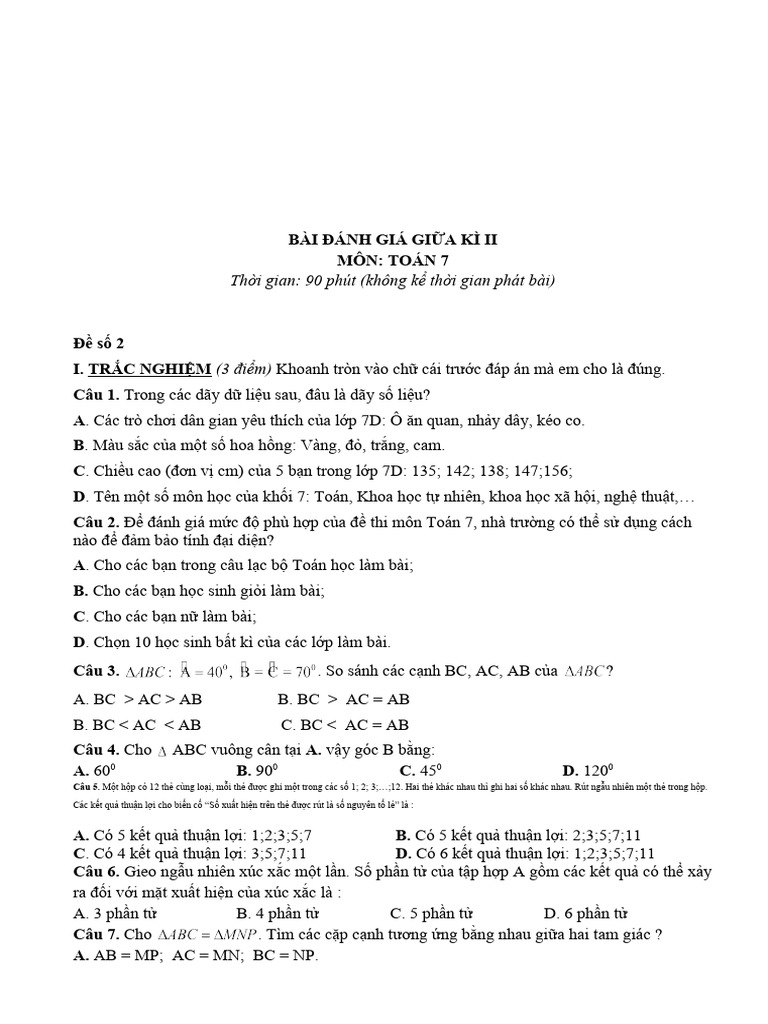 TOAN 7 - GIUA HKII 4 đề số 2 | PDF