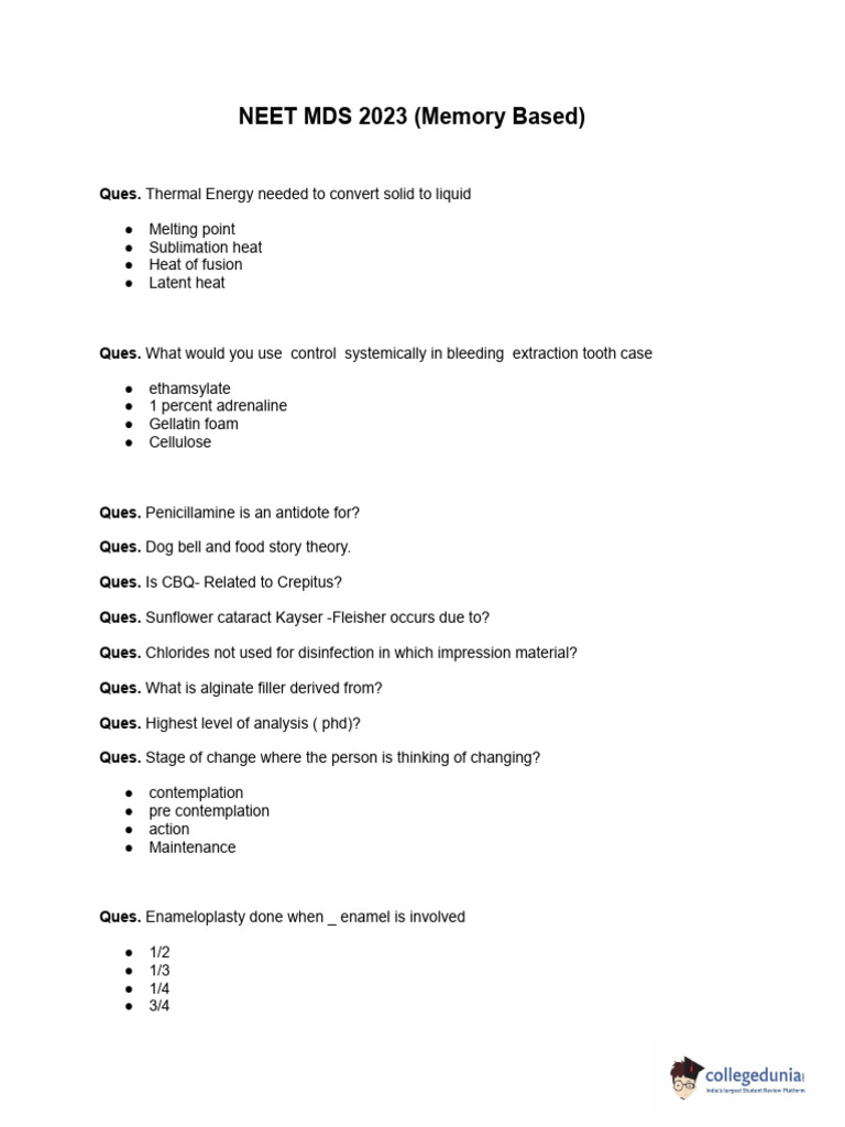 NEET MDS 2023 Exam Questions | PDF | Science & Mathematics