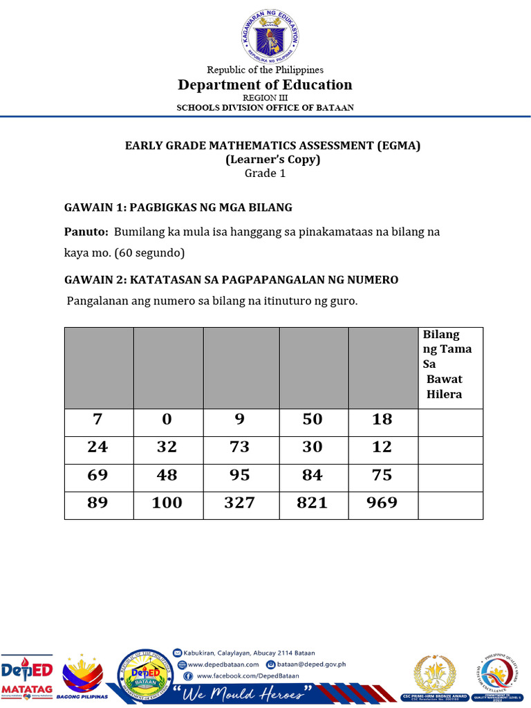EGMA Grade 1-Pupil - S | PDF