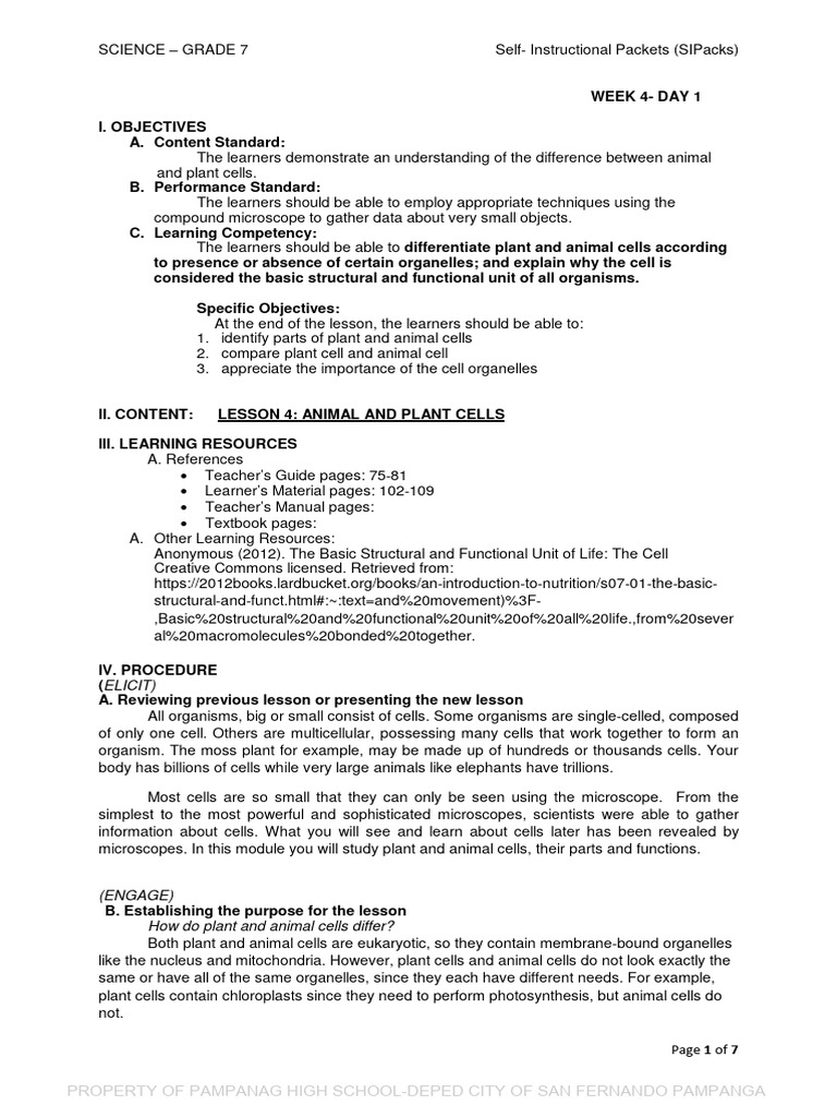 Grade 07 Regular Science O7f Week 4 Watermark | PDF | Cell (Biology ...