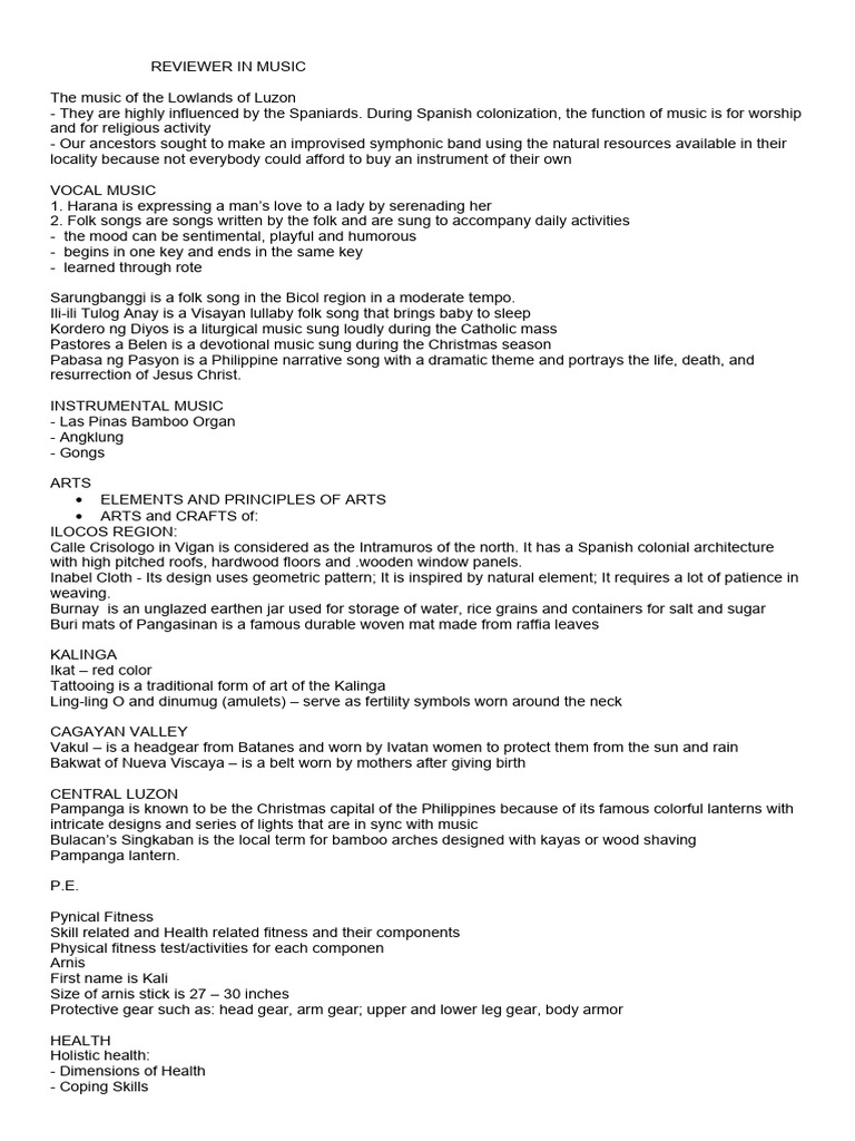 Reviewer and Pointers To Review in MAPEH Q1 | PDF | Social Science