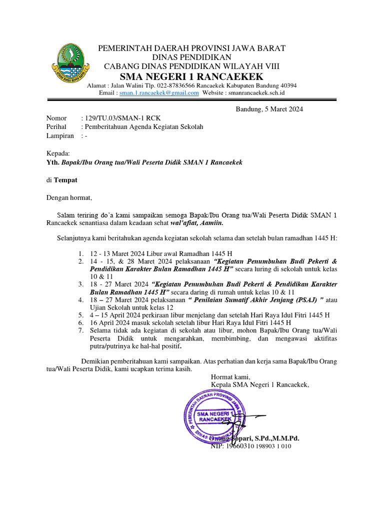 Surat Pemberitahuan Orang Tua Tentang Kegiatan Sekolah | PDF