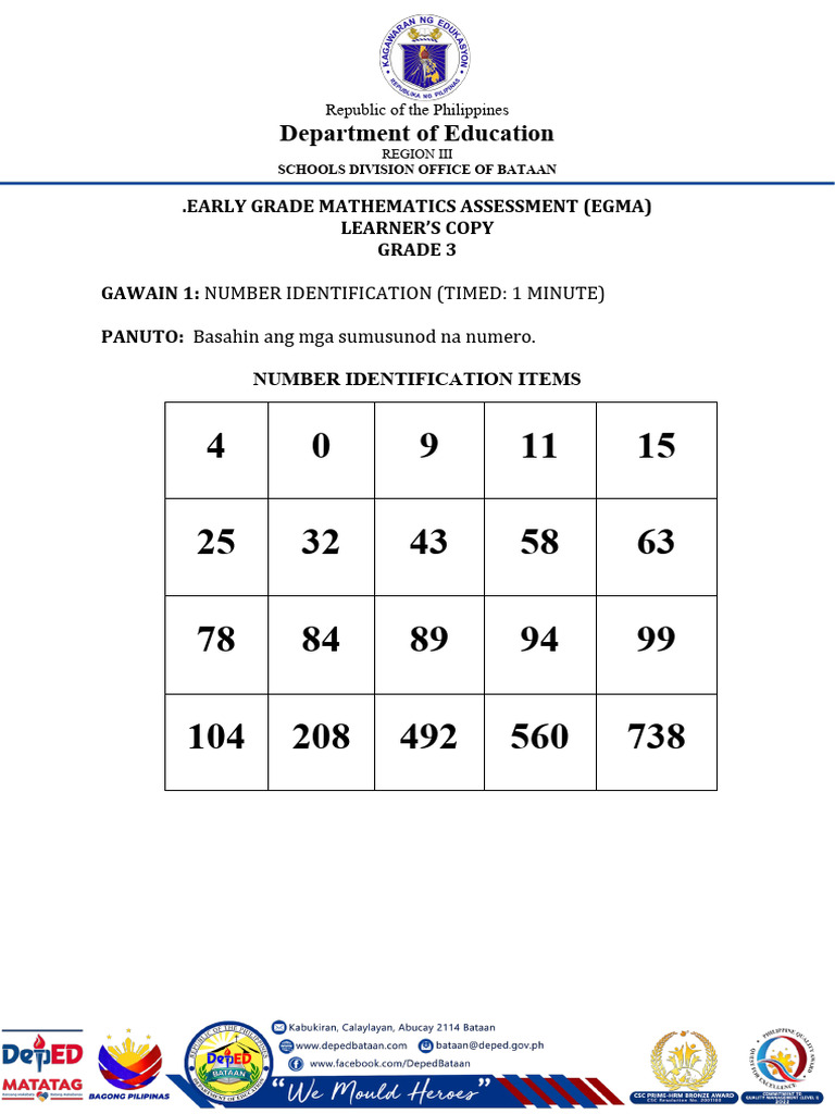 Grade 3 Early Mathematics Assessment | PDF