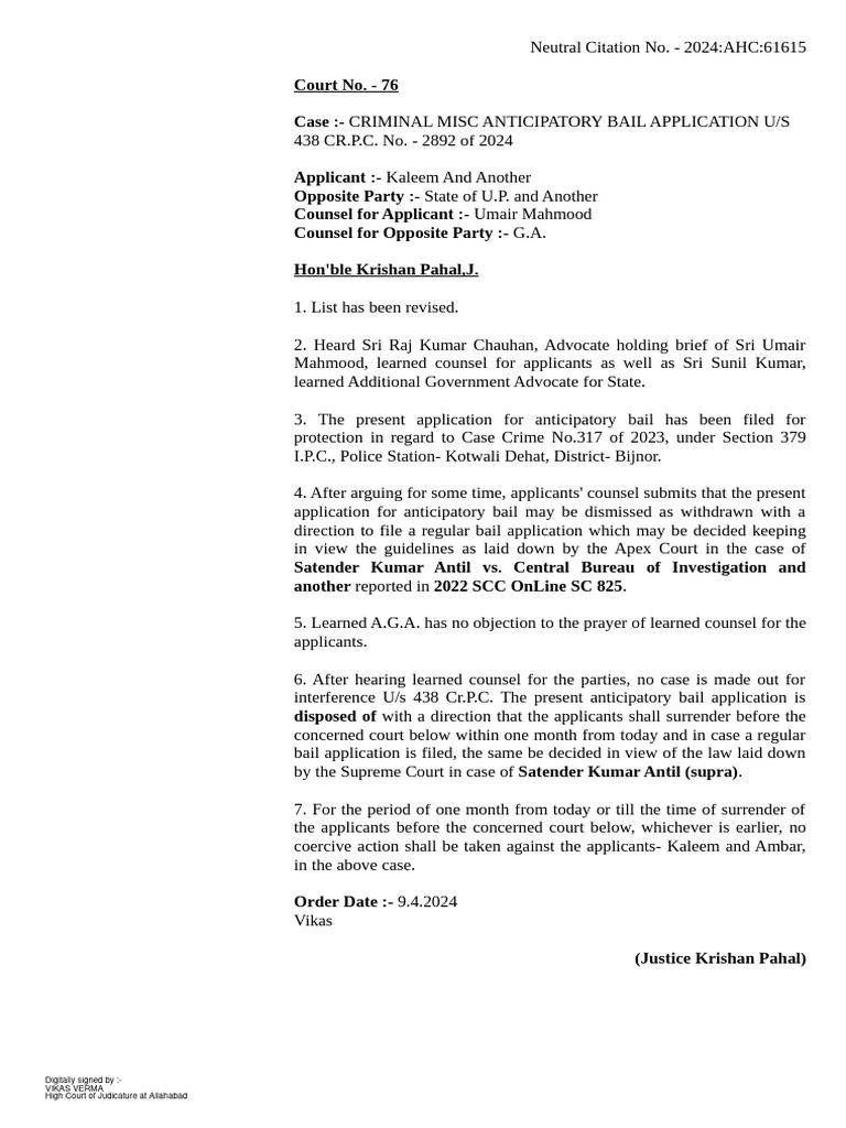 ABAIL(A)_2892_2024 (2) | PDF | Bail | Public Law