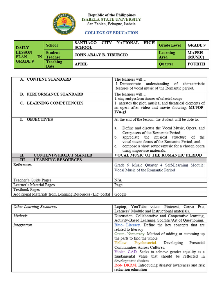 Grade 9 Lesson Plan: Romantic Vocal Music | PDF | Singing | Opera