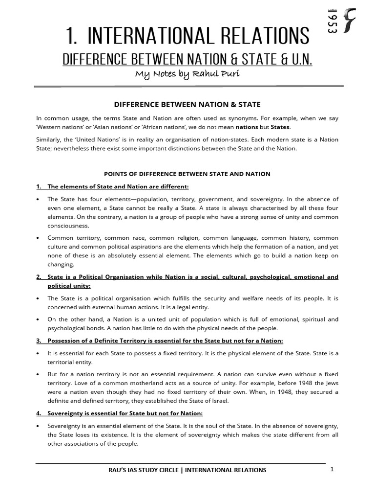 Difference Between Nation State U.N | PDF | World Politics | State Of ...