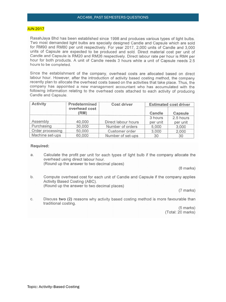 Activity-Based Costing Exam Questions | PDF | Business