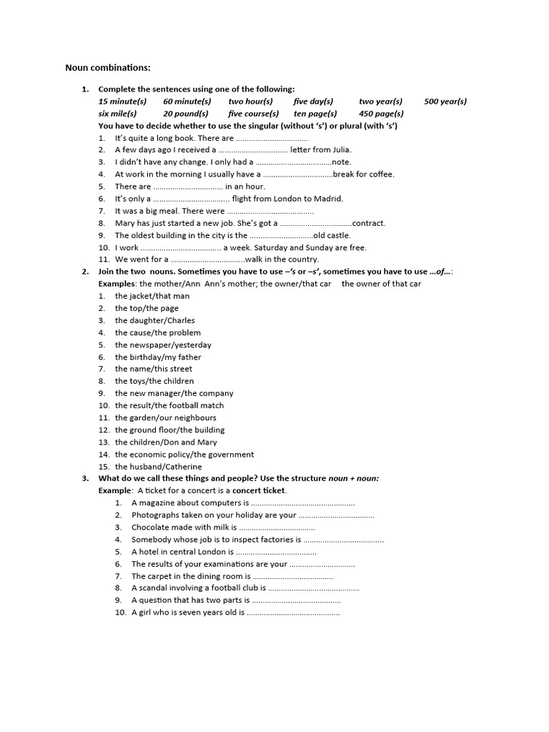 Noun Combinations Exercises and Key | PDF | Morphology | Language Mechanics