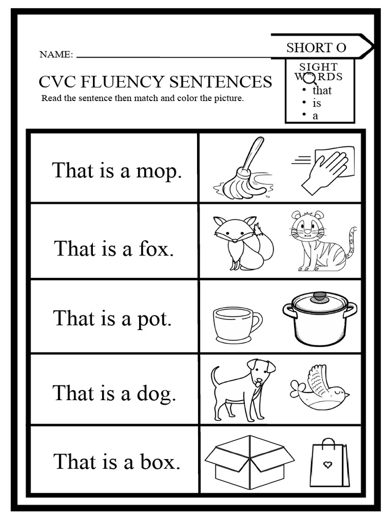 CVC Fluency Sentences Read and Color Short O Words Worksheet | PDF