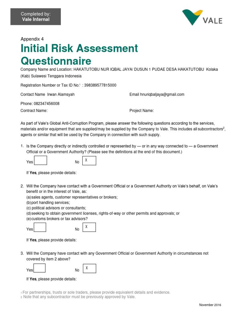 Initial Risk Assessment Questionnaire HAKATUTOBU NUR IQBAL JAYA(1 ...
