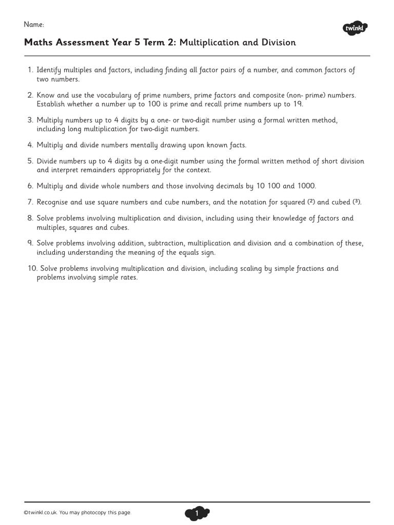 Year 5 Multiplication and Division Maths Assessment | PDF ...