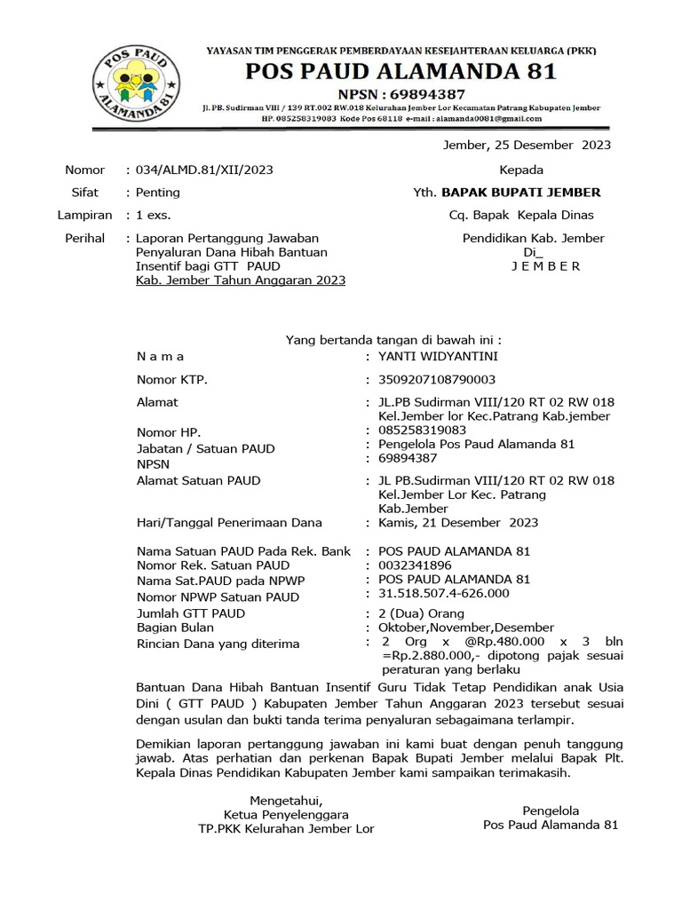 1 Contoh Surat LPJ Insentif GTT PAUD 2023 TW 4 | PDF