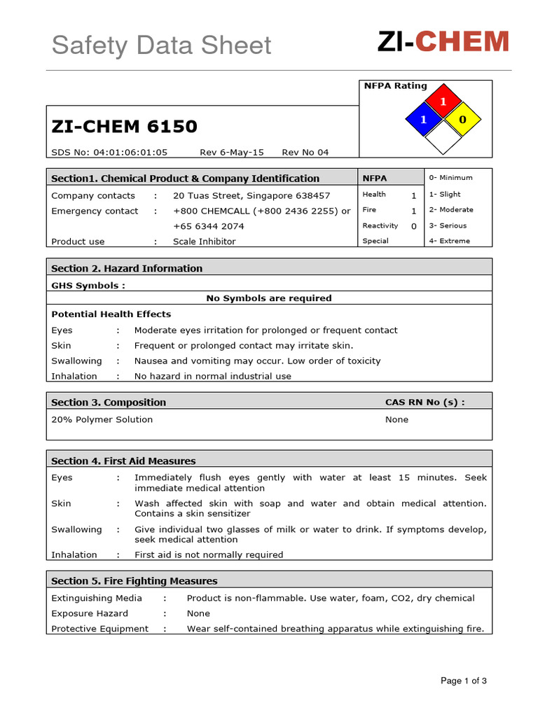 Zi-Chem 6150 SDS | PDF | Hazards | Water