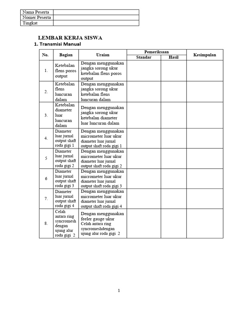 JOB SHEET Transmisi Manual | PDF