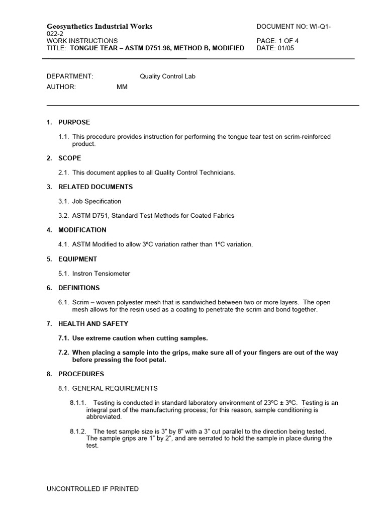 Tongue Tear Test Procedure - ASTM D751 | PDF | Materials