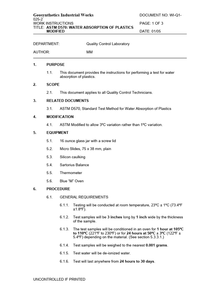 Astm D570 Water Absorption Of Plastics – MFPD