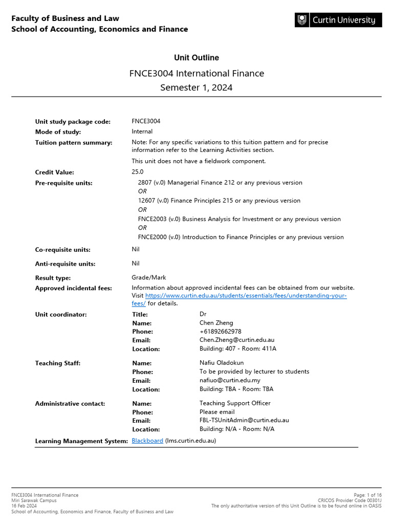 FNCE3004 International Finance Semester 1 2024 Miri Sarawak Campus INT | PDF | Exchange Rate ...
