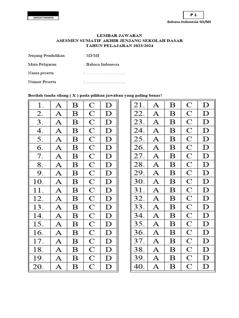 Format Lembar Jawaban B. Indo | PDF
