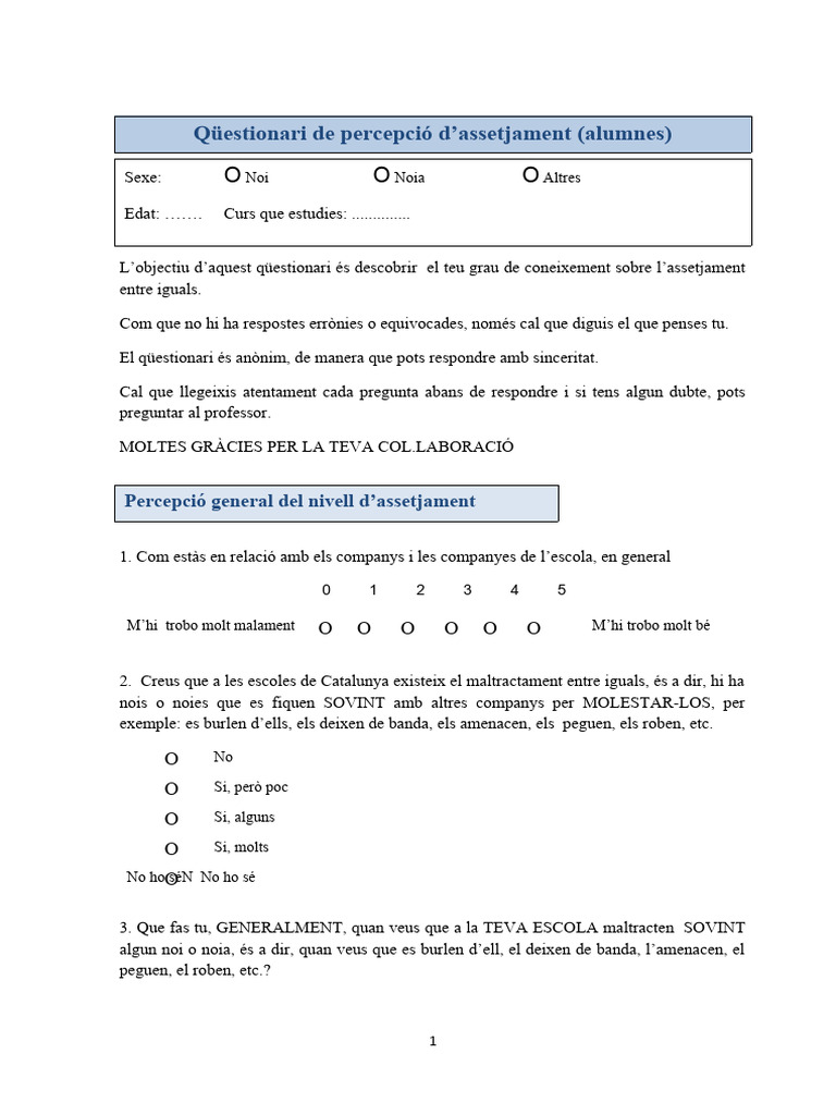 Annex 5. Questionari ALUMNES Assetjament | PDF