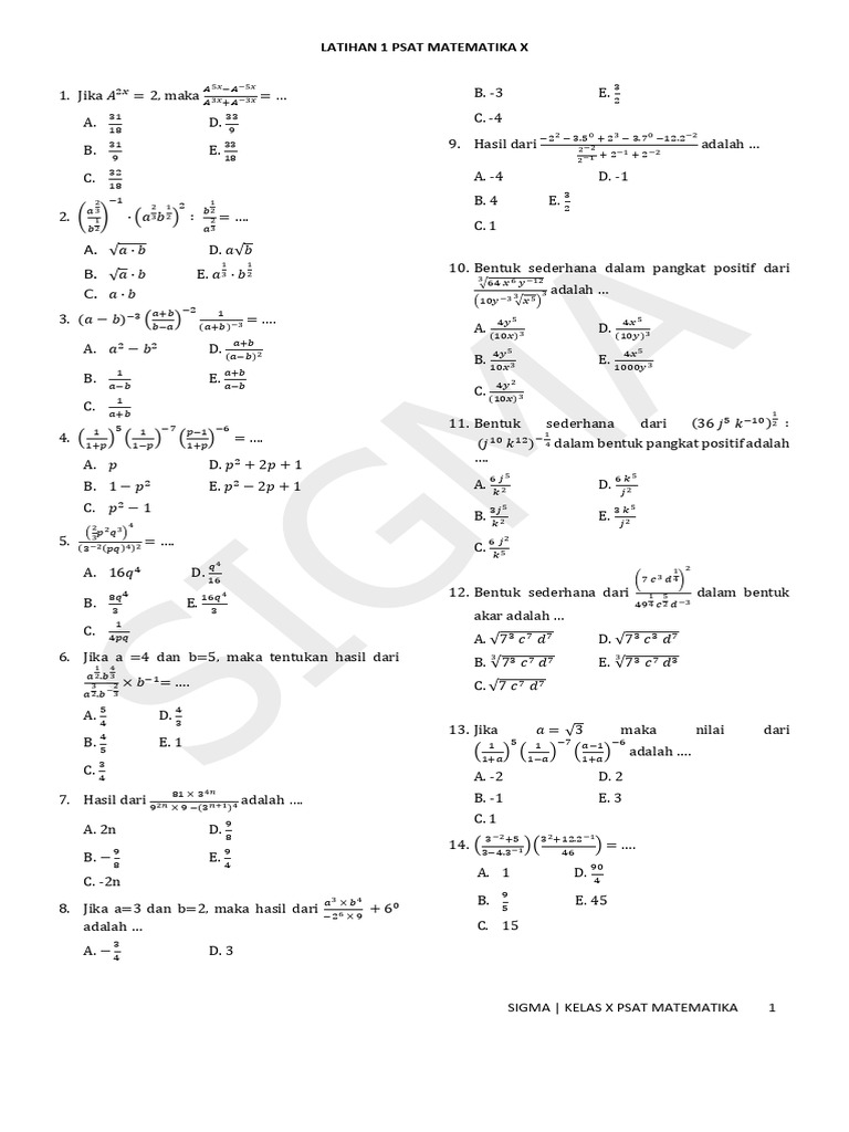 Latihan 1 Psat Matematika | PDF