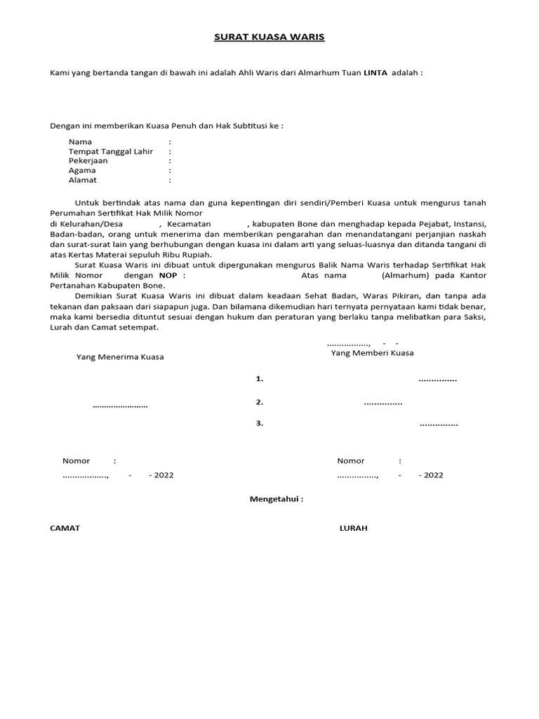 Contoh Surat Kuasa Waris Lengkap | PDF