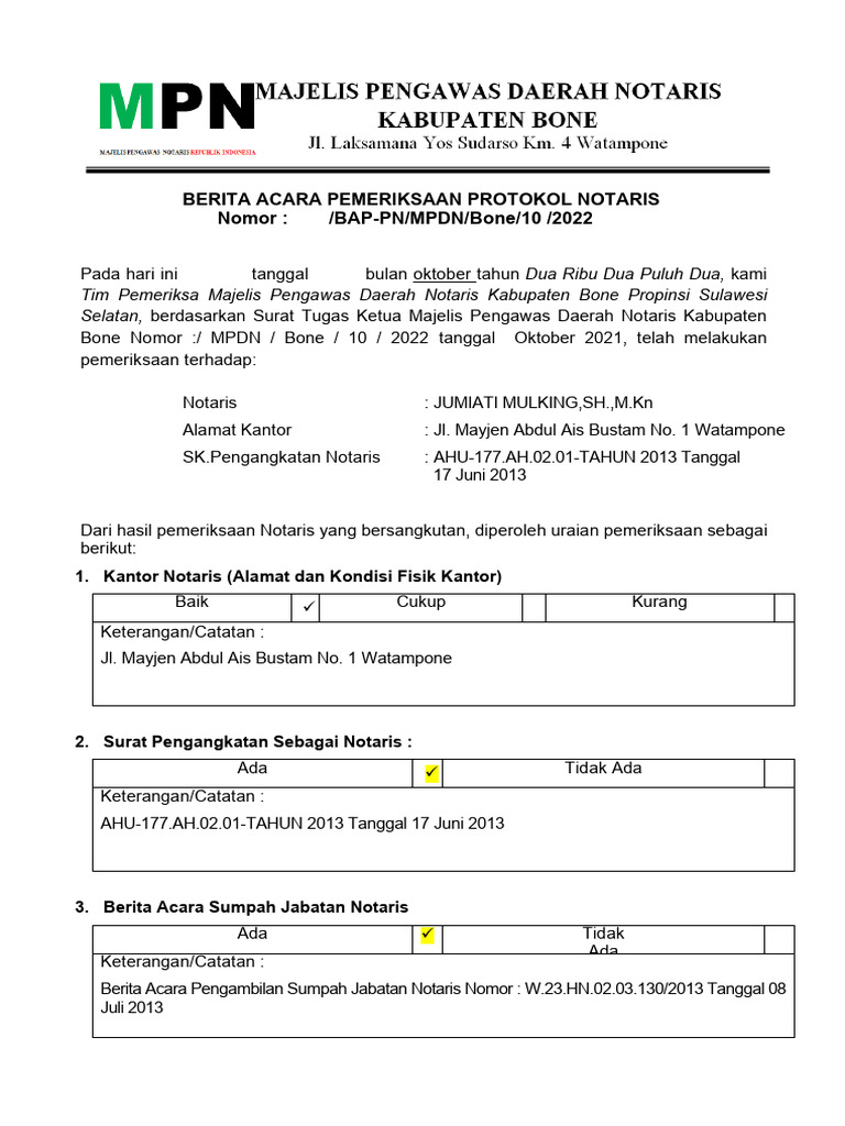 Contoh Pengisian Berita Acara Pemeriksaan Notaris 2022 | PDF