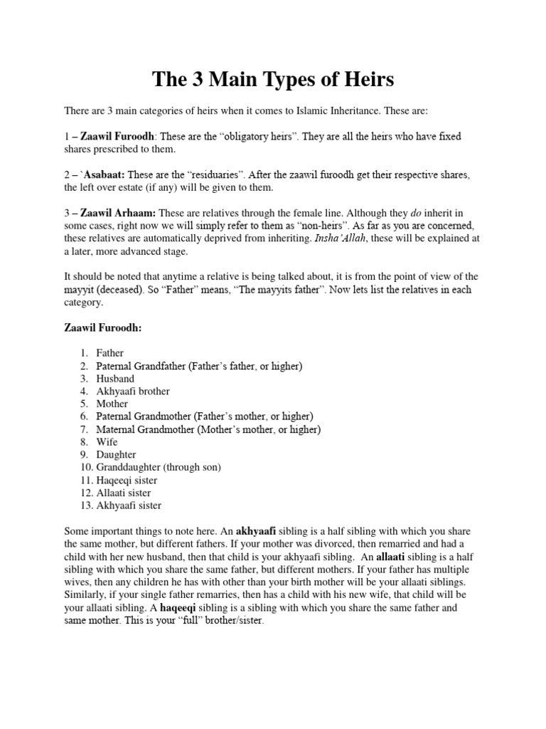Types of Heirs in Islamic Inheritance | PDF | Sibling | Inheritance