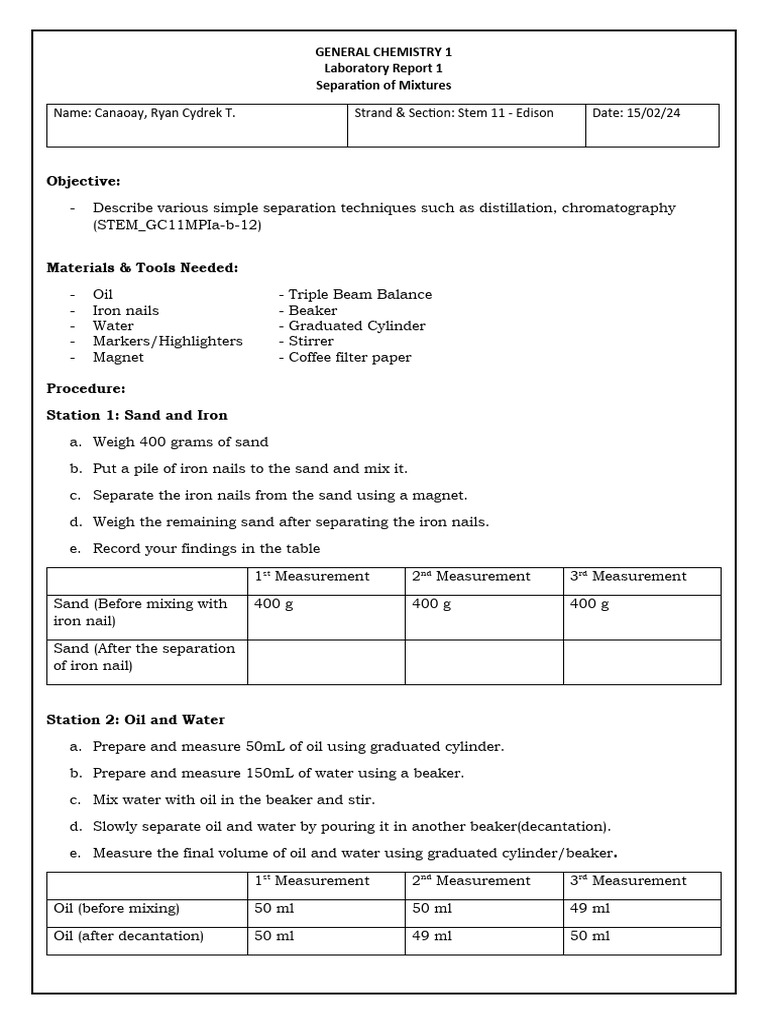 Q3 Laboratory Report Separation of Mixtures | Download Free PDF | Filtration | Water