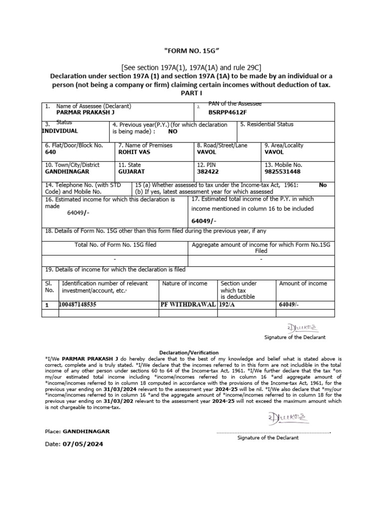 "FORM NO. 15G": (See Section 197A (1), 197A (1A) and Rule 29C ...