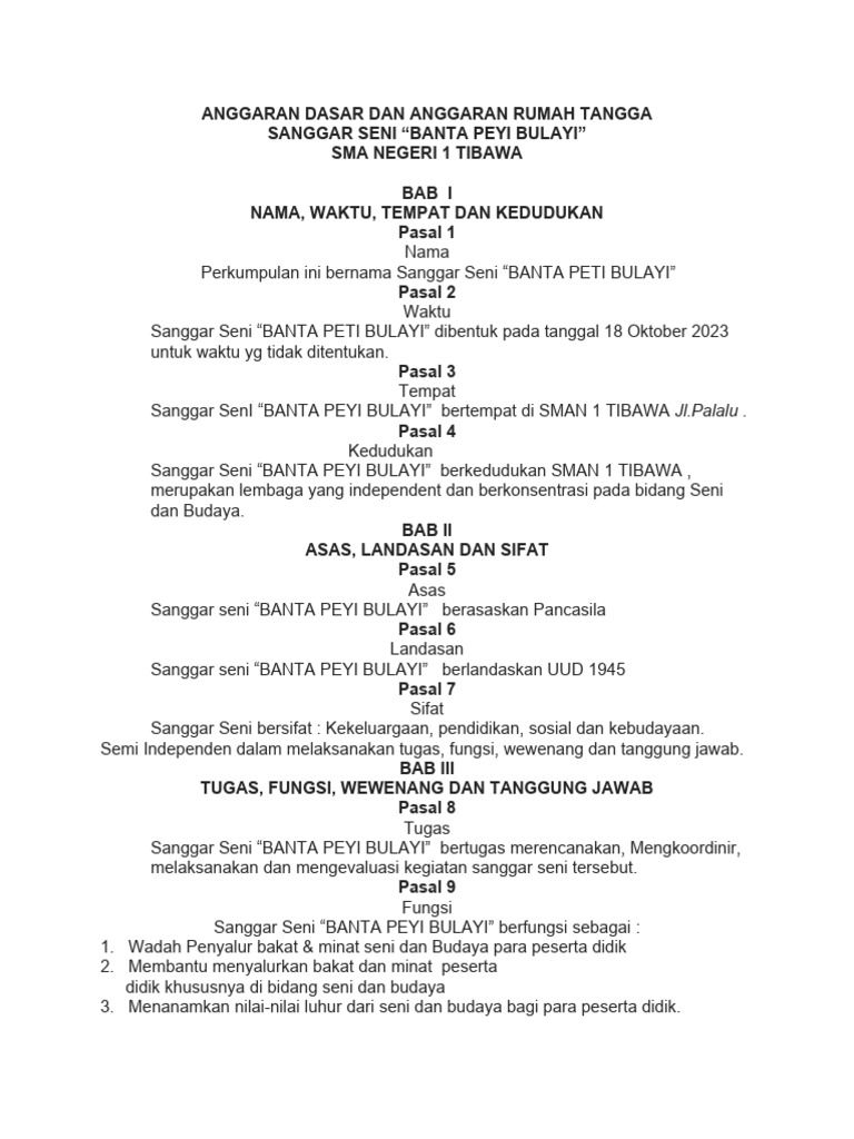 CONTOH anggaran dasar sanggar SEKOLAH SMP | PDF