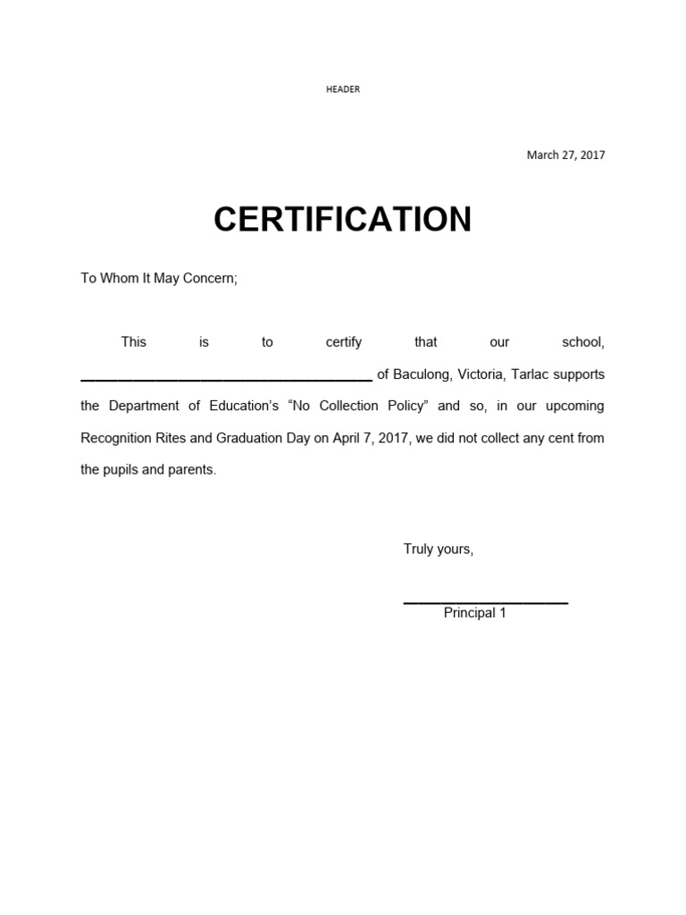 Certificate for No Collection Policy | PDF