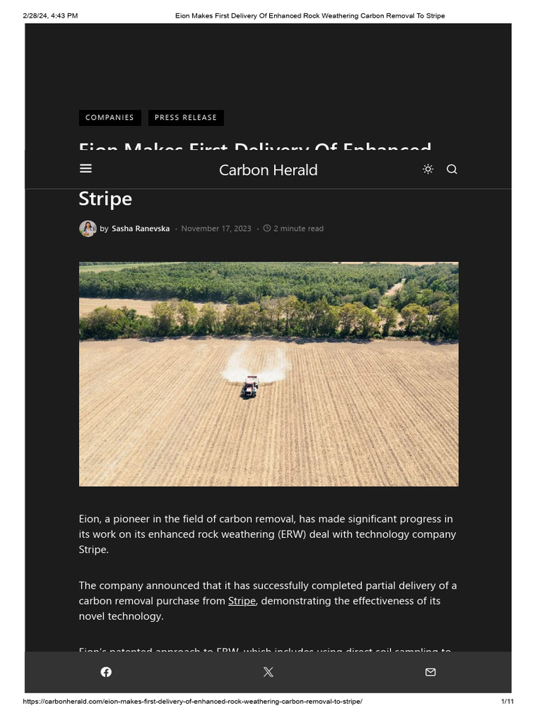 Eion Makes First Delivery of Enhanced Rock Weathering Carbon Removal To Stripe | PDF | Earth ...