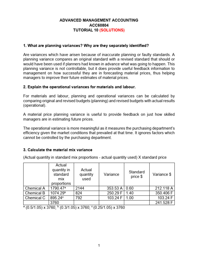 Solution AMA Tutorial 10 (SOLUTIONS) | PDF | Variance | Prices