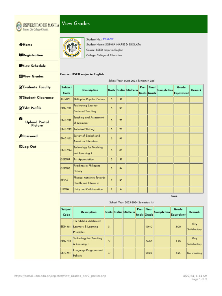UDM Student Grade Report 2023-2024 | PDF | Learning | Human Communication