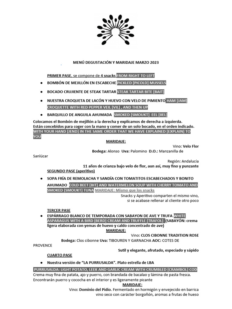 Menú Degustación y Maridaje Marzo 2023 | PDF | Vino | Alimentos